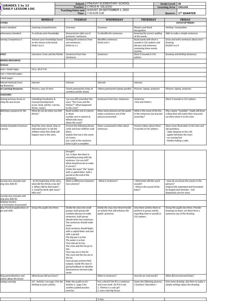 WLP - English 3 - Q1 - W1 | PDF