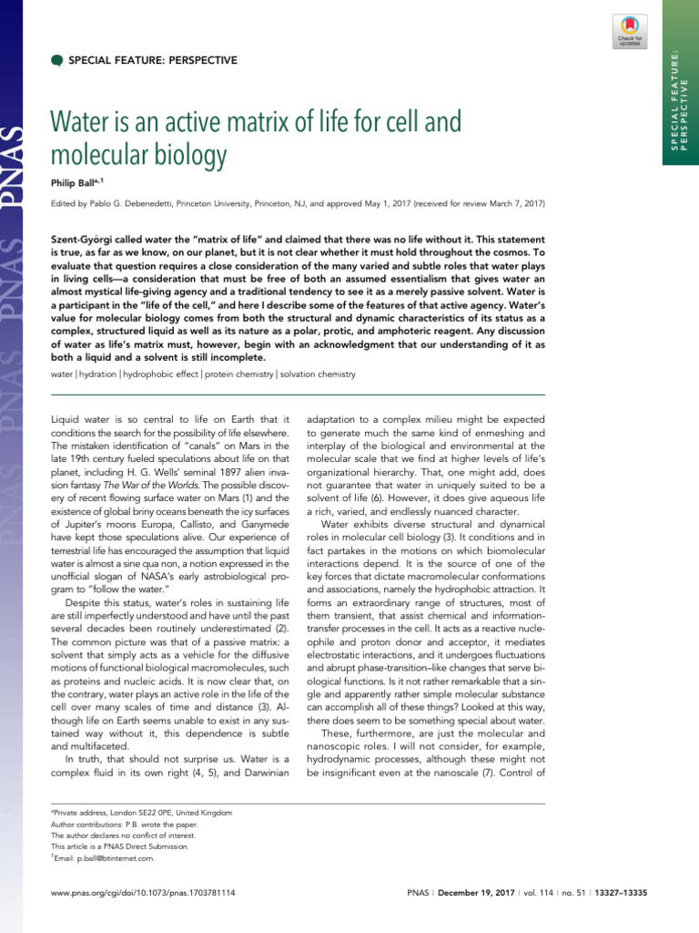 Water Is An Active Matrix of Life For Cell and Molecular Biology - Ball ...