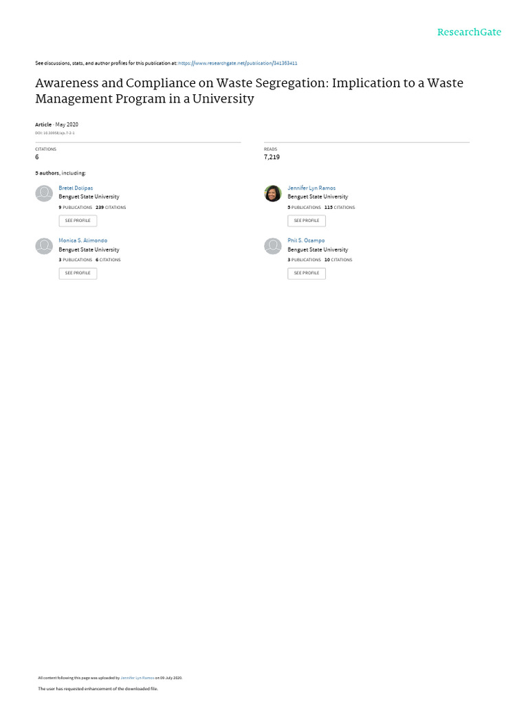 Awareness and Compliance On Waste Segregation Impl | PDF