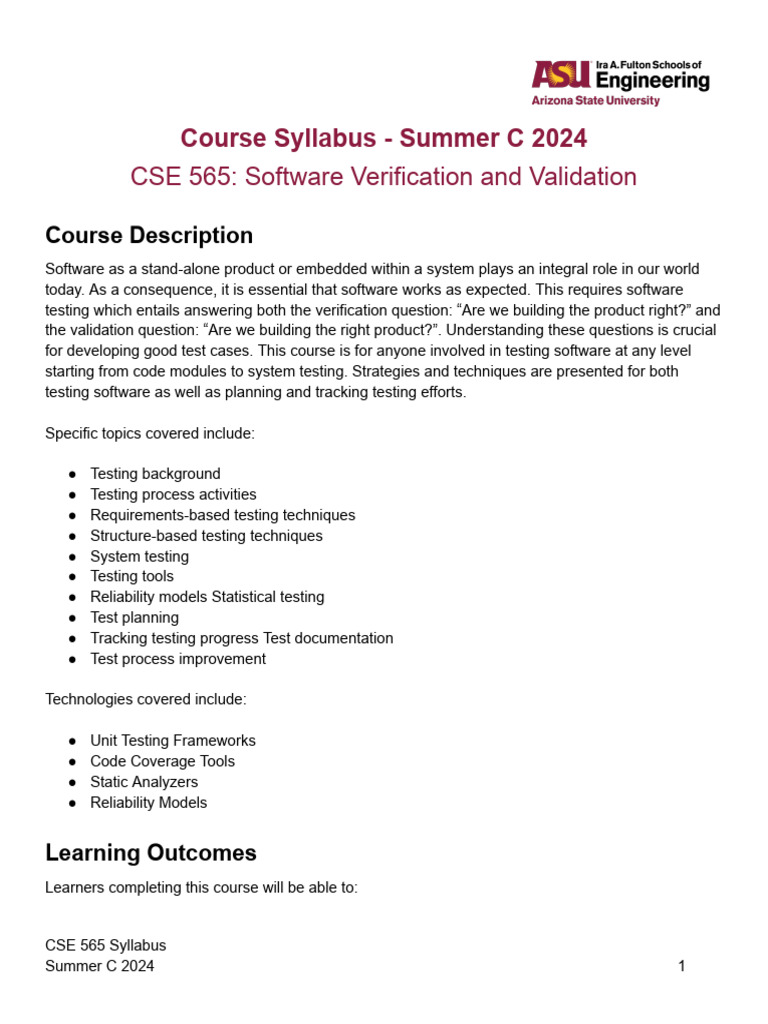 CSE 565 - Summer C 2024 - Syllabus | PDF | Software Testing | Business