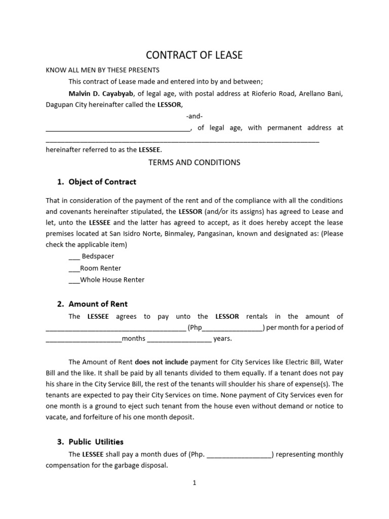 CONTRACT OF LEASE Binmaley | PDF