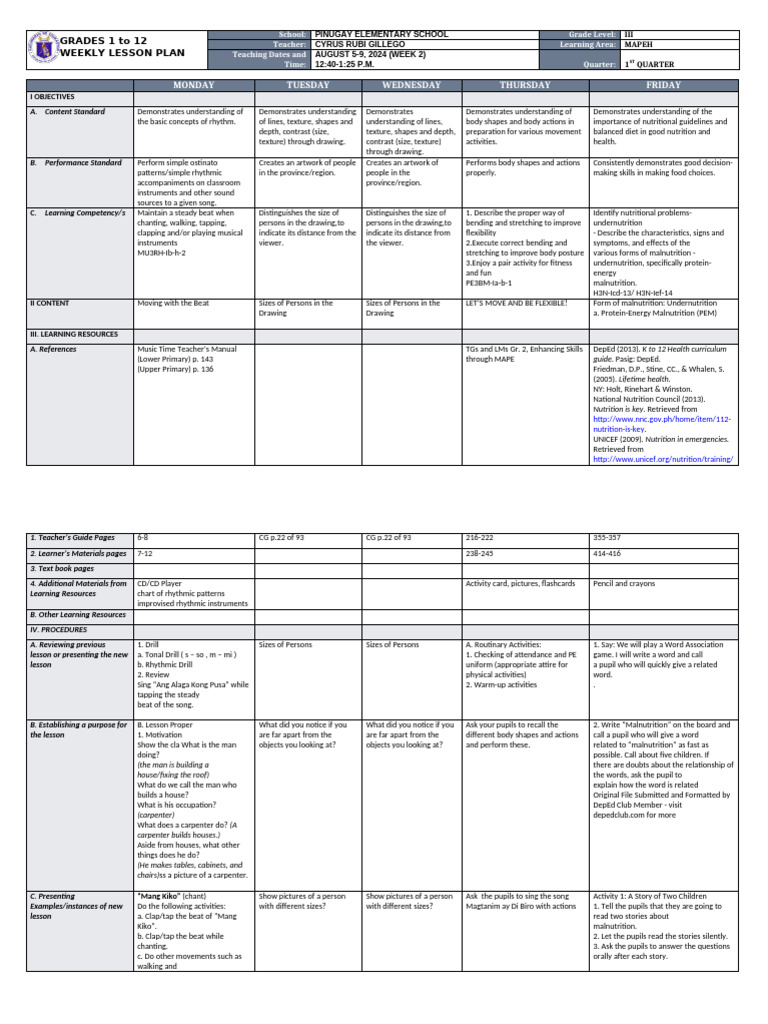 WLP - Mapeh 3 - Q1 - W2 | PDF