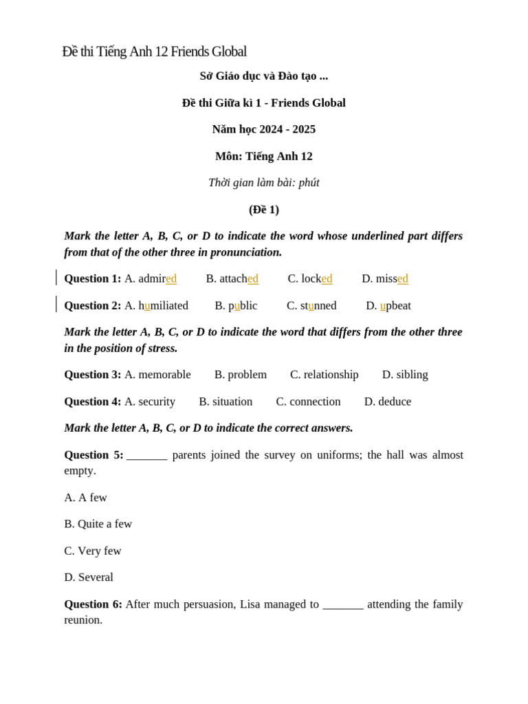 Đề thi Tiếng Anh 12 Friends Global | PDF