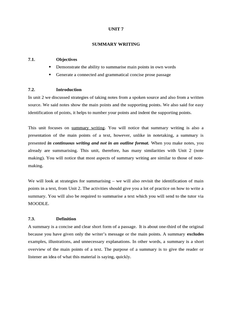 UNIT 7 - Summary Writing | PDF