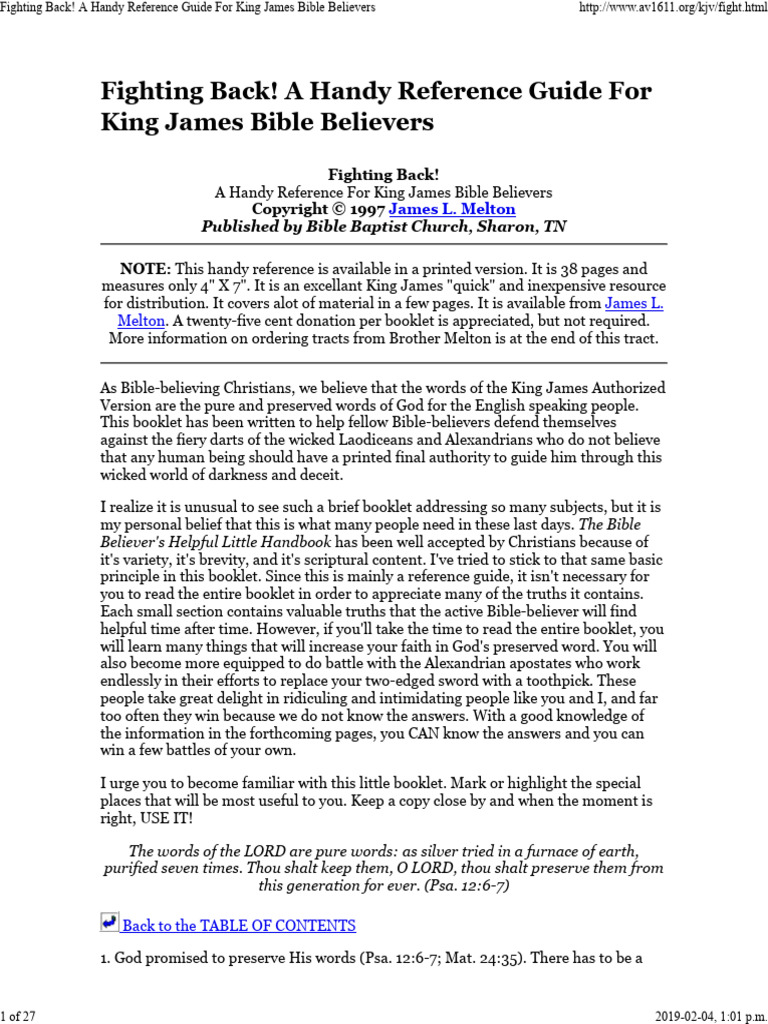 Fighting Back! A Handy Reference Guide For King James Bible Believers | PDF
