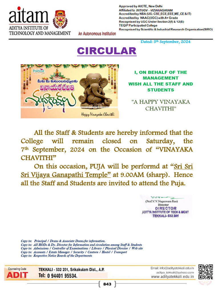 2024 Vinayaka Chavithi Holiday Circular | PDF