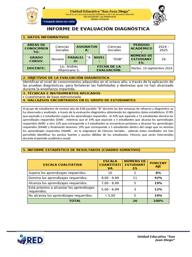 Informe de Evaluación Diagnostica - Noveno B | PDF