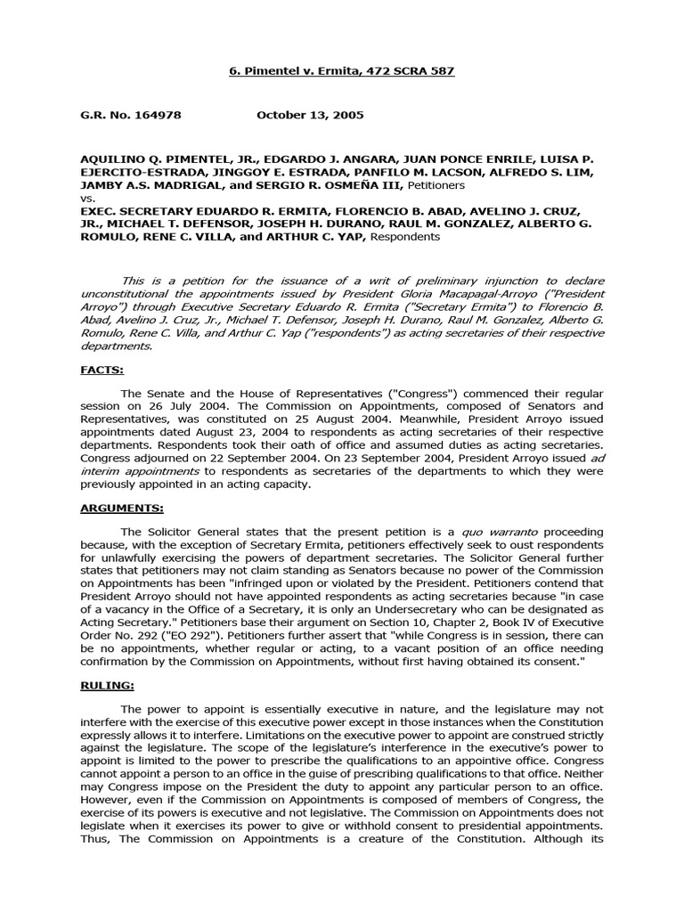 Pimentel v. Ermita, 472 SCRA 587 | PDF