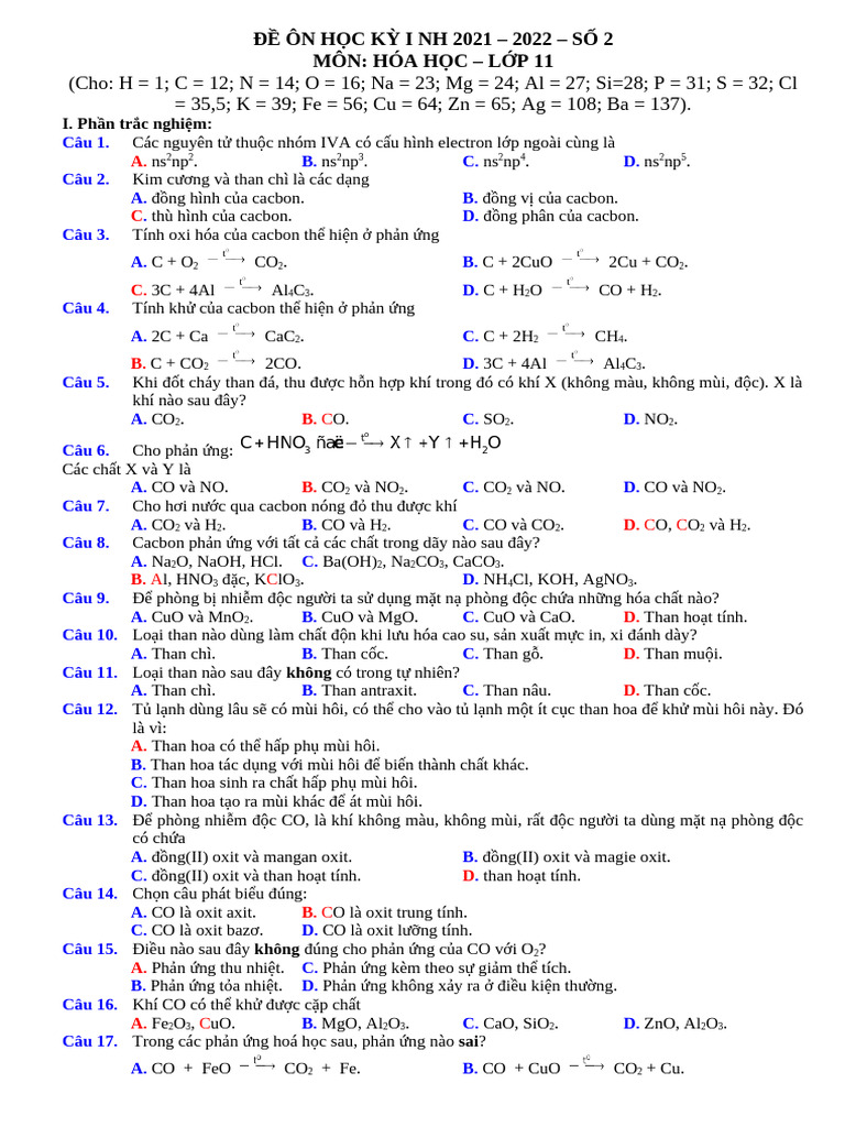 KT HỌC KỲ 1 HÓA HỌC 11 SO 2 HS 2021 | PDF