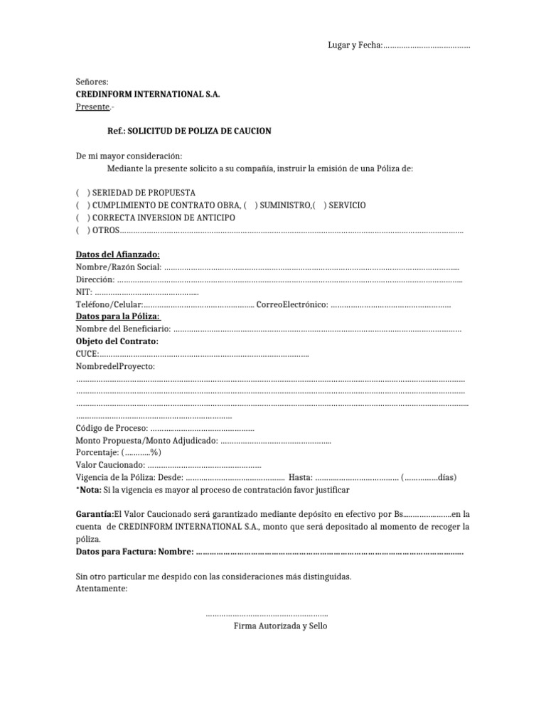 Modelo Carta Solicitud Poliza de Caucion | PDF