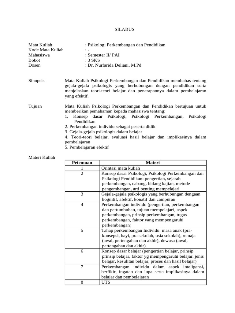 SILABUS Psikologi Perkembangan Dan Pendidikan Edit | PDF