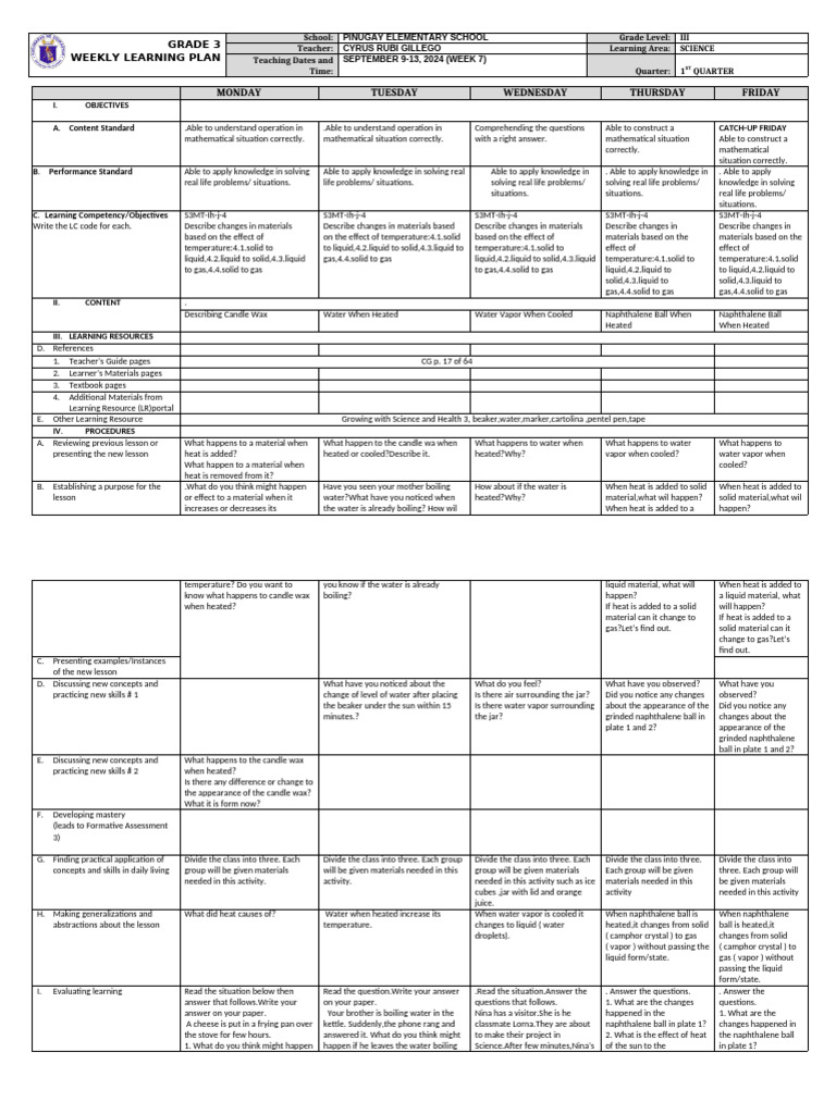 WLP - Science 3 - Q1 - W7 | PDF
