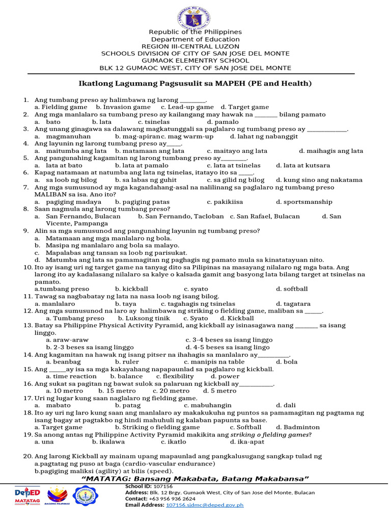 Third Summative MAPEH PE Health Q1 | PDF