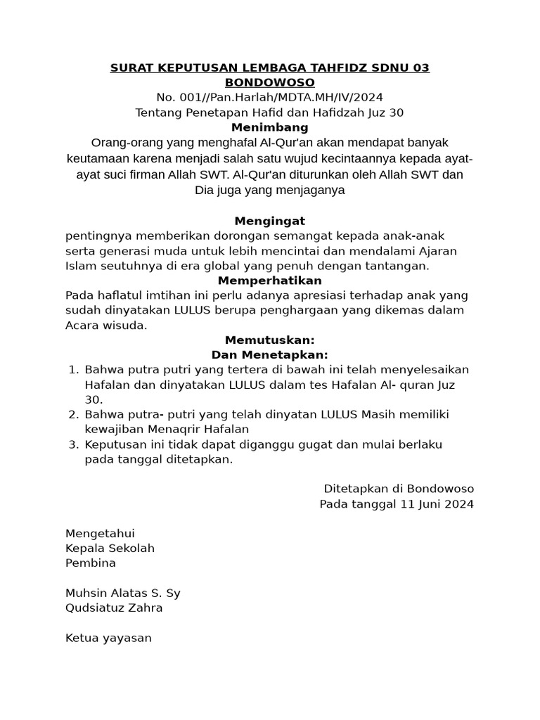 Surat Keputusan Lembaga Tahfidz Sdnu 03 Bondowoso | PDF