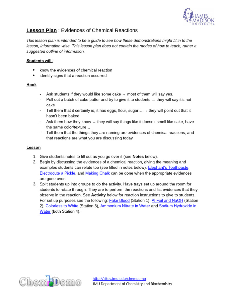 Evidences of Chemical Reactions Lesson Plan | PDF