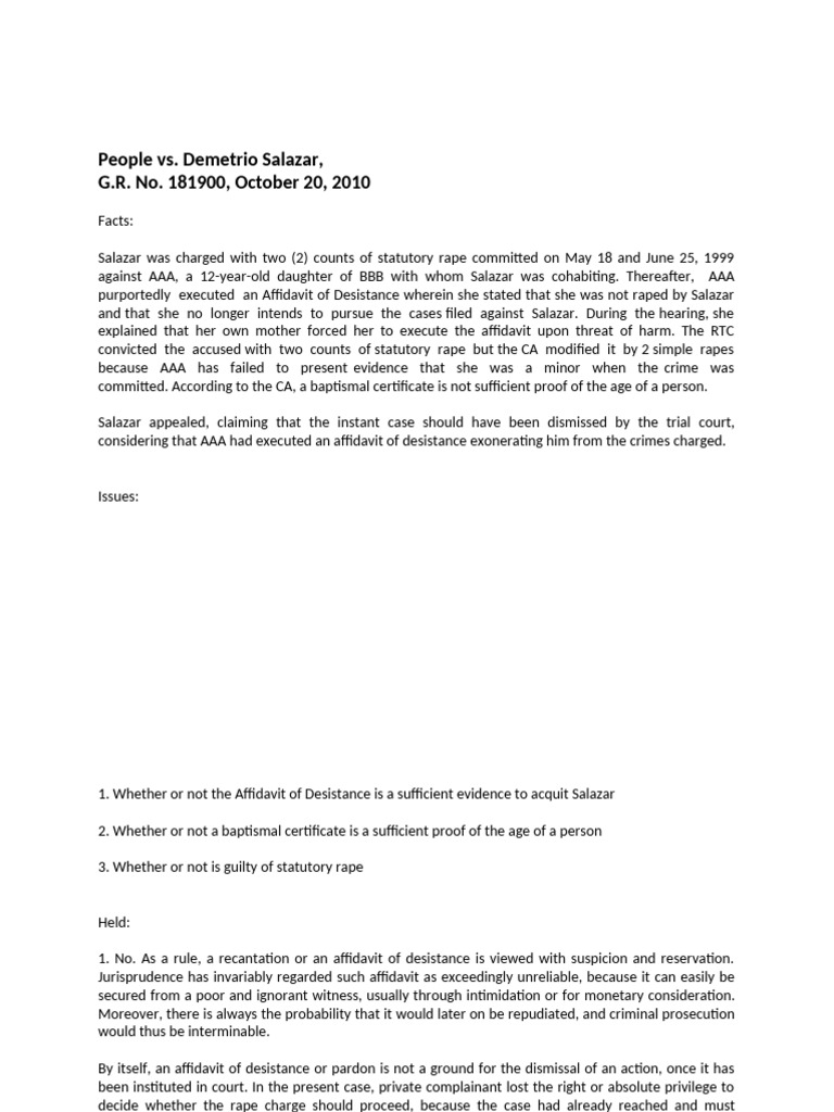 People Vs Salazar Case Digest | PDF | Rape | Affidavit