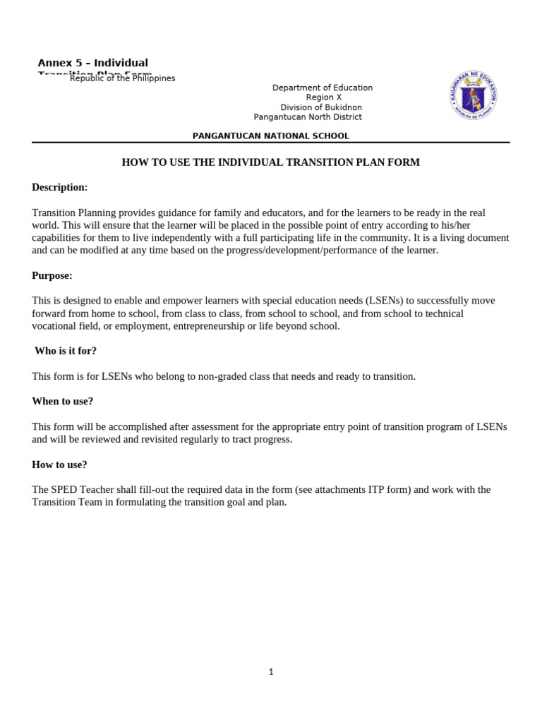 Individual Transition Plan Form | PDF