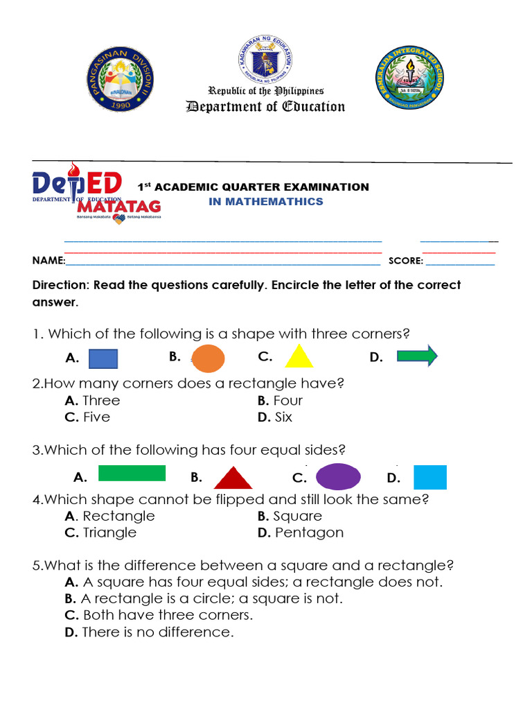 MATH 1st QUARTER EXAMINATION | PDF | Shape | Rectangle