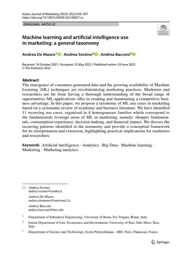 Machine Learning and Artificial Intelligence Use in Marketing | PDF