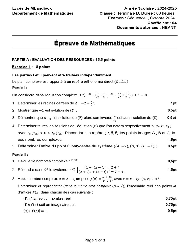 Maths Eval - Noi. 2024-2025 Tle D | PDF