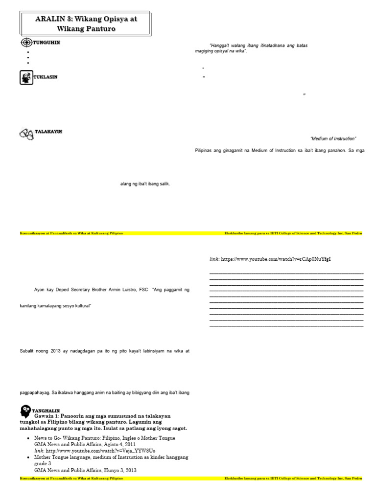 Modyul 3 - Wikang Opisyal at Panturo | PDF