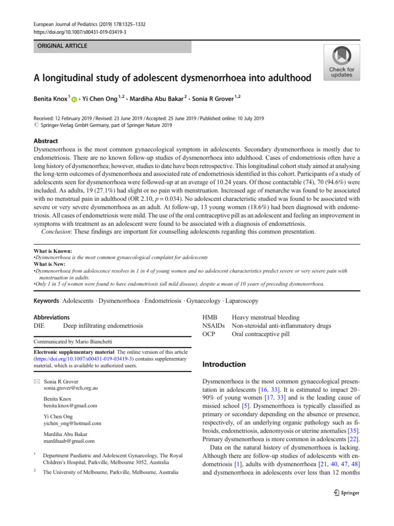 A Longitudinal Study of Adolescents Dysmenorrhoea Into Adulthood | PDF