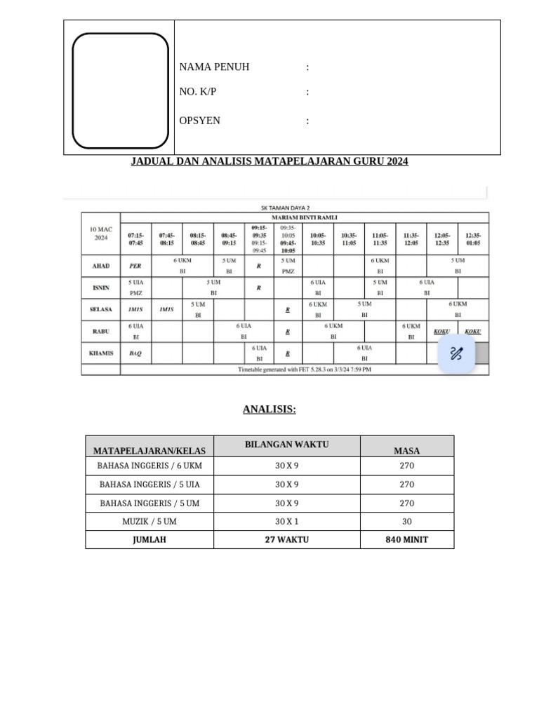 Template Analisa Jadual | PDF