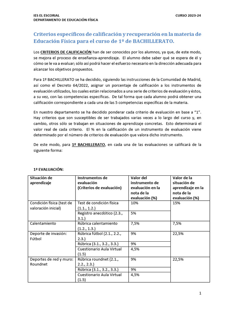 1o BACHILLERATO Criterios Especificos de Calificacion y Recuperacion | PDF