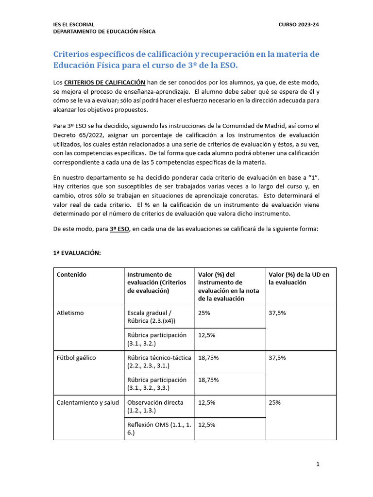 3o ESO Criterios Especificos de Calificacion y Recuperacion | PDF