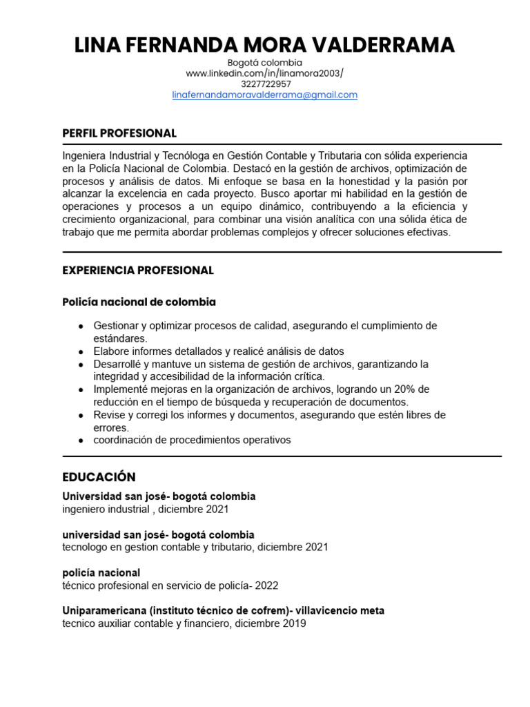 CV Lina Fernanda Mora Valderrama | PDF