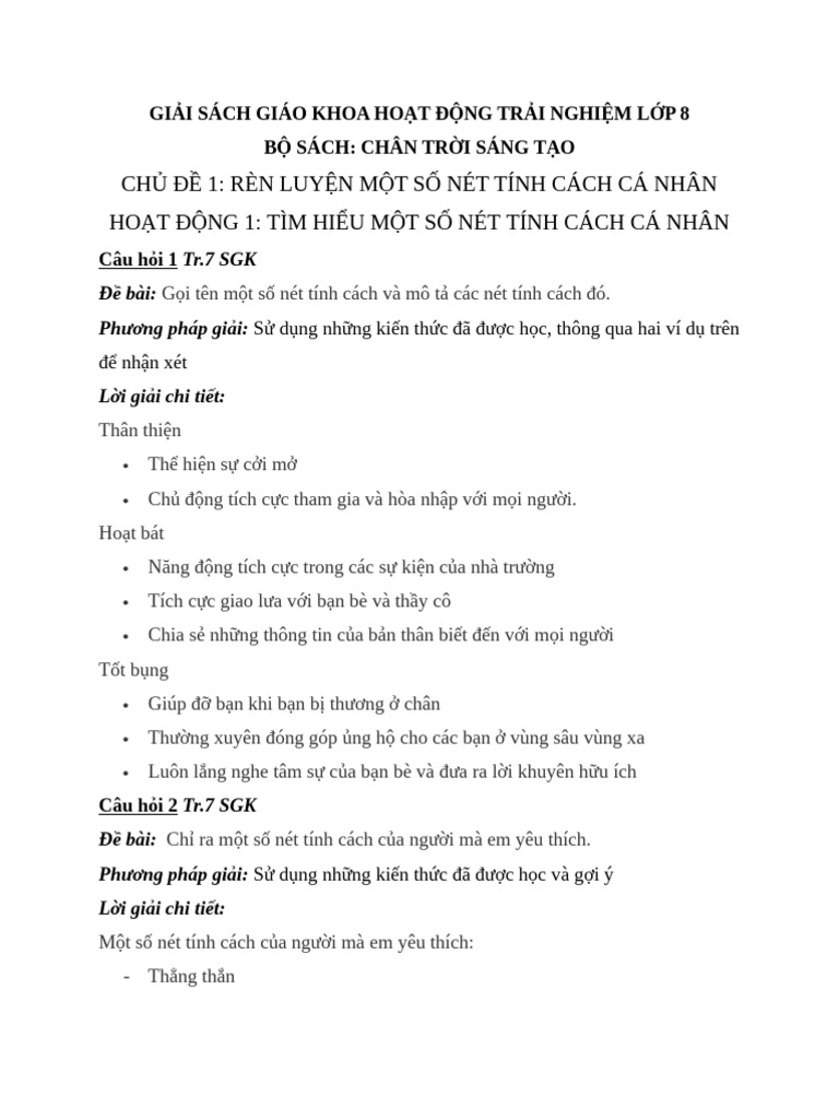 GI I SÁCH GIÁO KHOA HOẠT ĐỘNG TRẢI NGHIỆM L P 8 - CHÂN TR I SÁNG T O Bản 2 | PDF