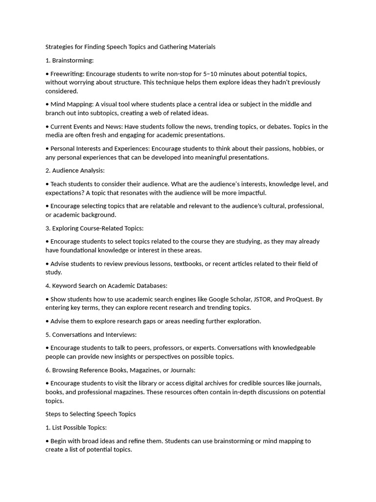 Strategies For Finding Speech Topics and Gathering Materials | PDF