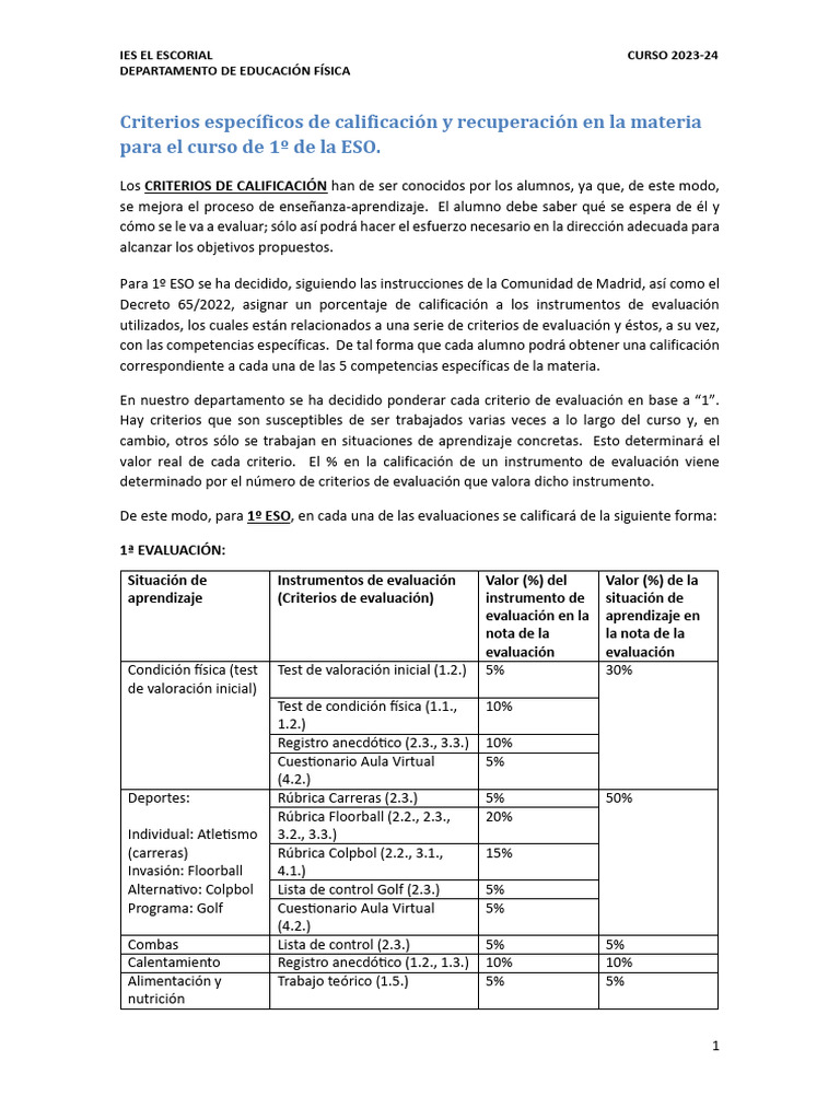1o ESO Criterios Especificos de Calificacion y Recuperacion | PDF