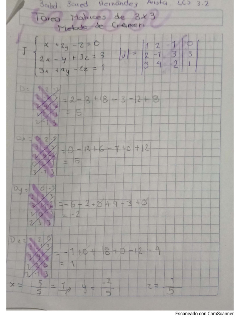 Tarea Matrices 3x3 Cramer Hernández Arista Zabdi Zared | PDF