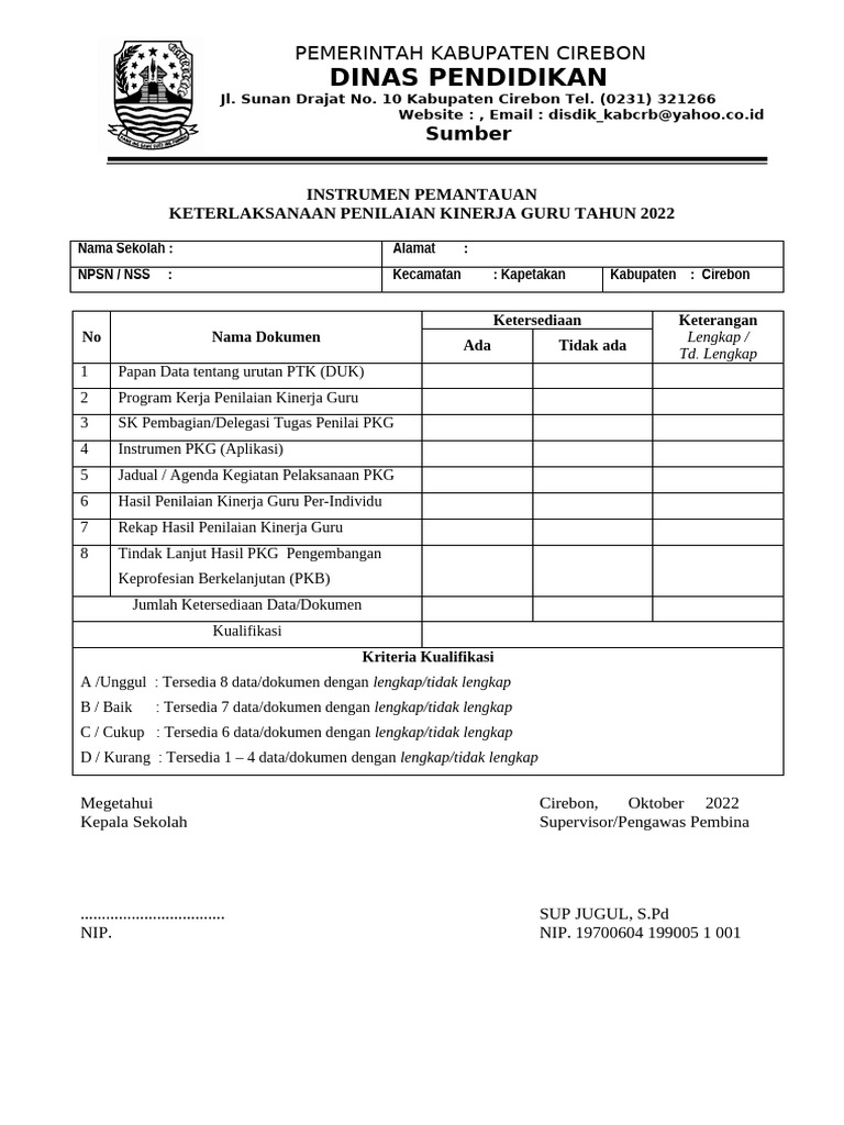 Form 1. Instrumen Pemantauan Keterlaksanaan PKG | PDF