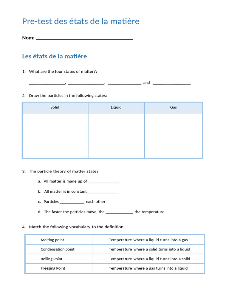 FRENCH States of Matter Pretest Worksheet | PDF
