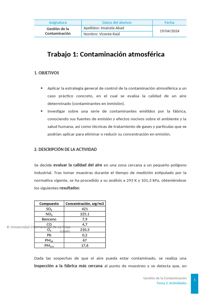Practica 1 Contaminacion Atmosferica Vicente Imaicela | PDF ...