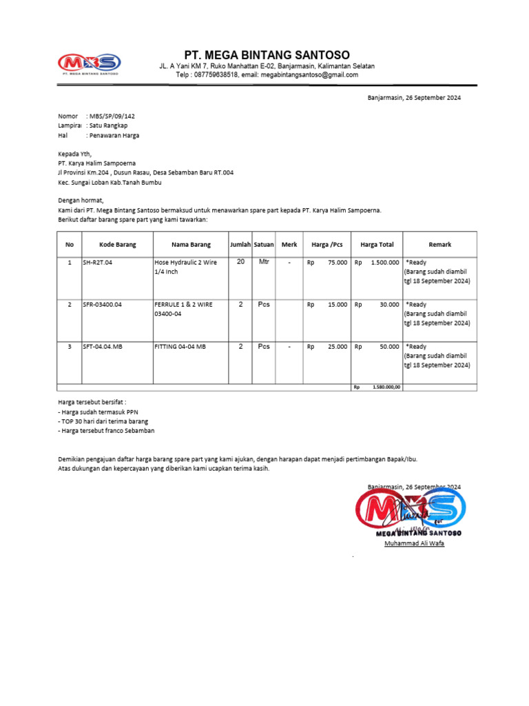 MBS-SP-09-142 (Pt. Karya Halim Sampoerna) | PDF