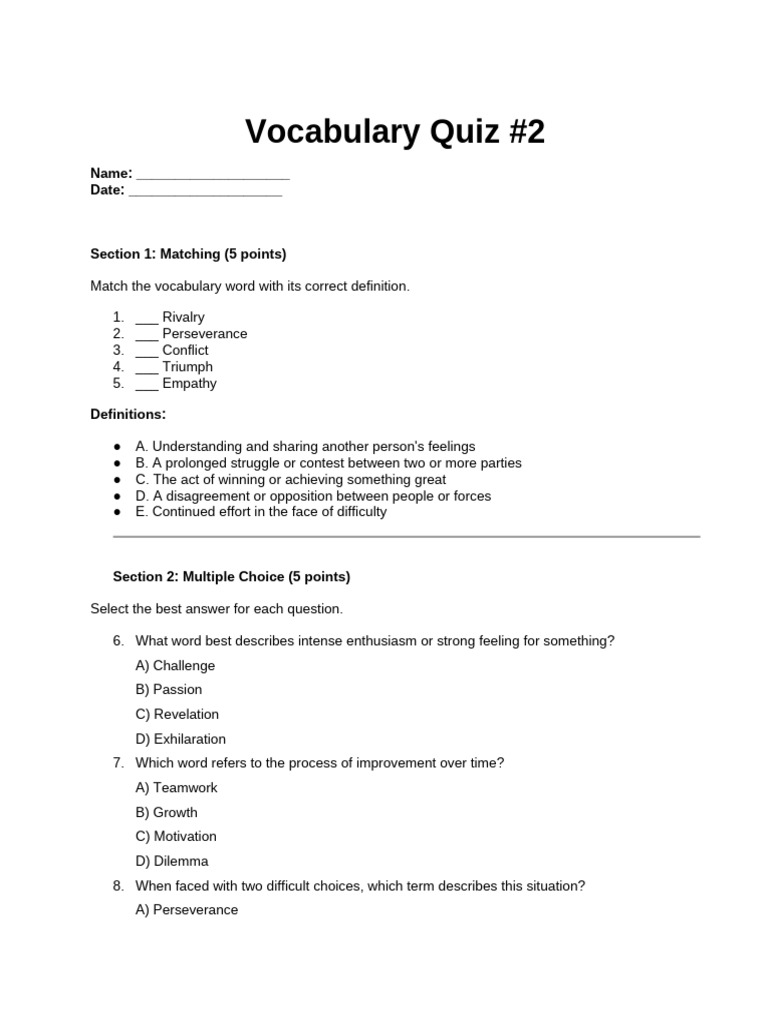 Vocabulary Quiz for Test Preparation | PDF