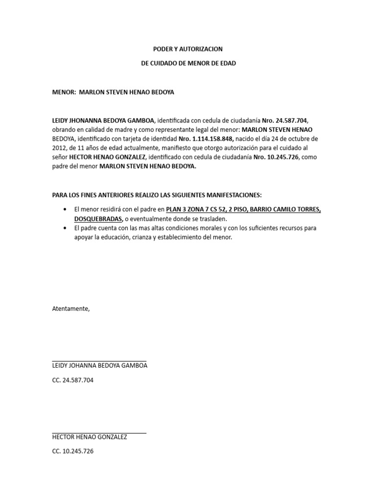 Poder y Autorizacion de Cuidado de Menor | PDF