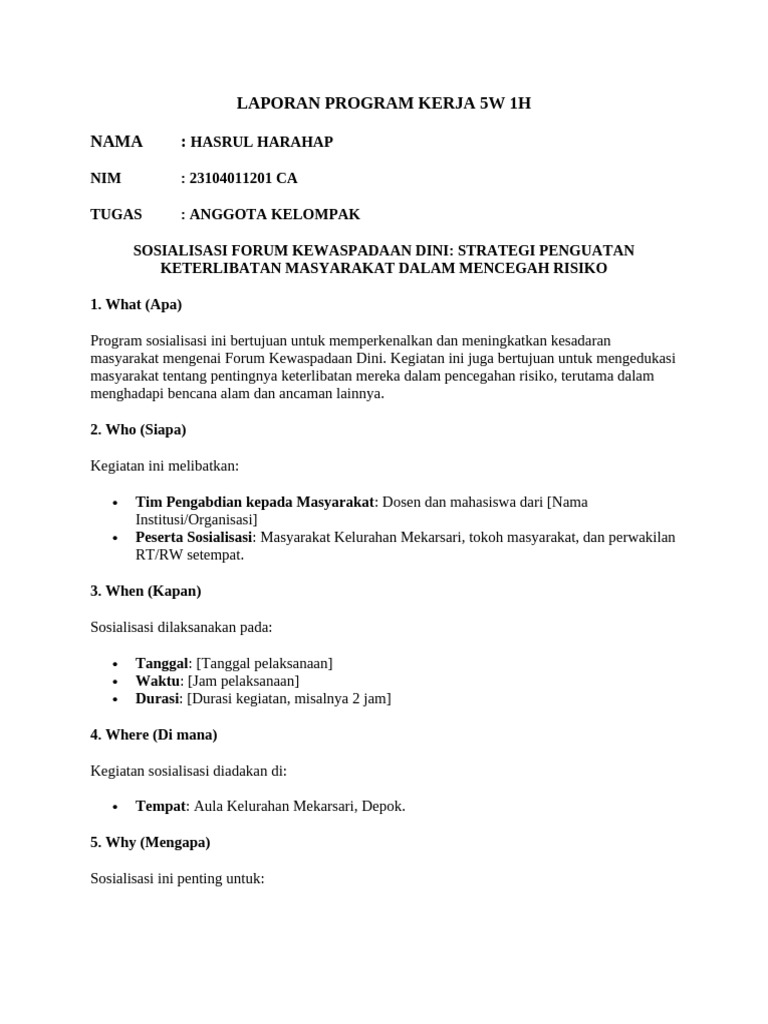 Laporan Program Kerja 5W 1H Hasrul (Anggota) | PDF