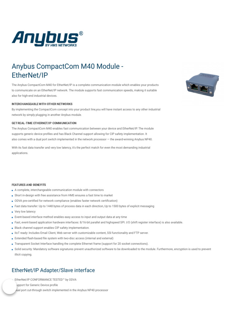 Anybus CompactCom M40 Module - EtherNet - IP | PDF