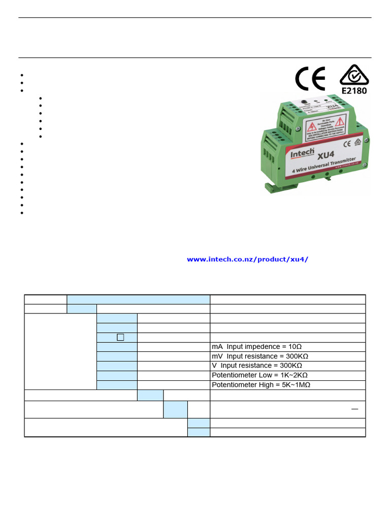 Intech XU4 Single Universal Input Transmitter Installation Guide - IN220323 | PDF