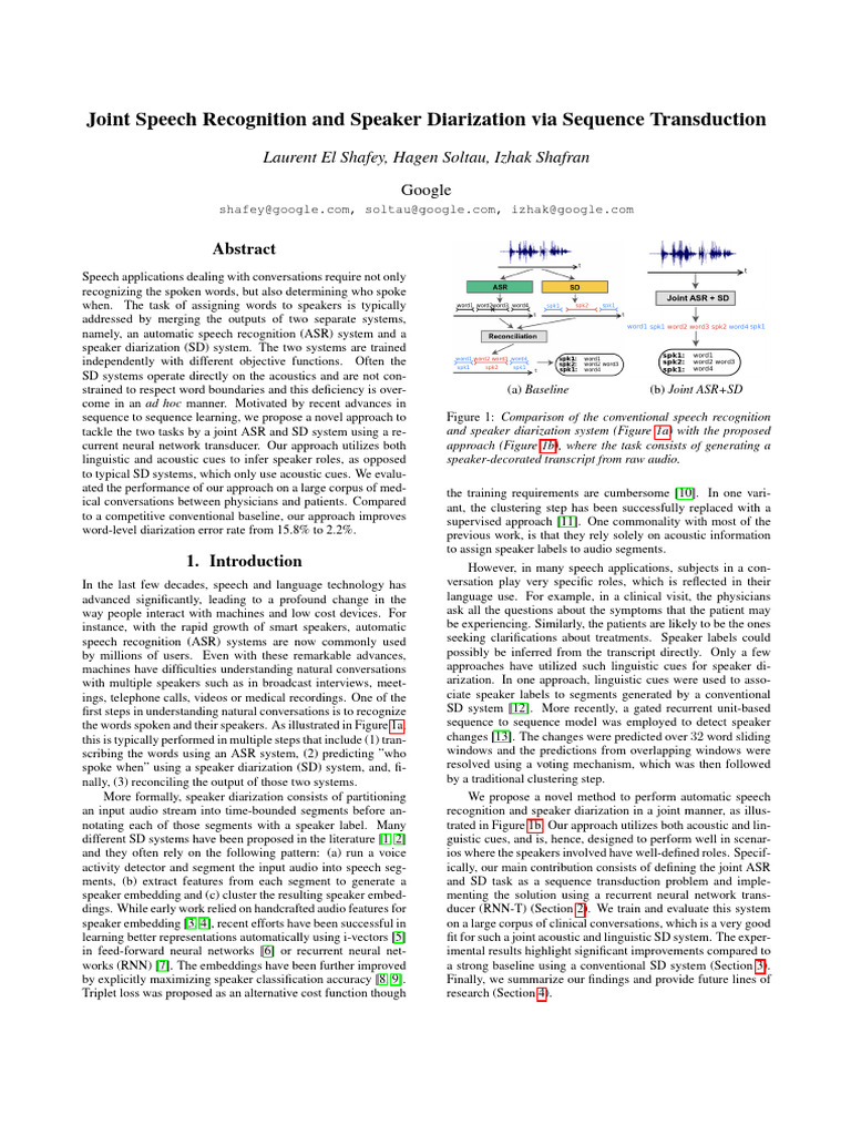 Joint Speech Recognition and Speaker Diarization Via Sequence Transduction | PDF