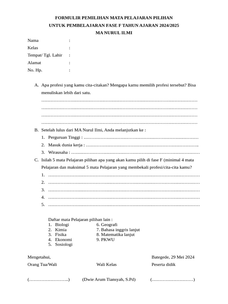 Formulir Pemilihan Mata Pelajaran Pilihan | PDF