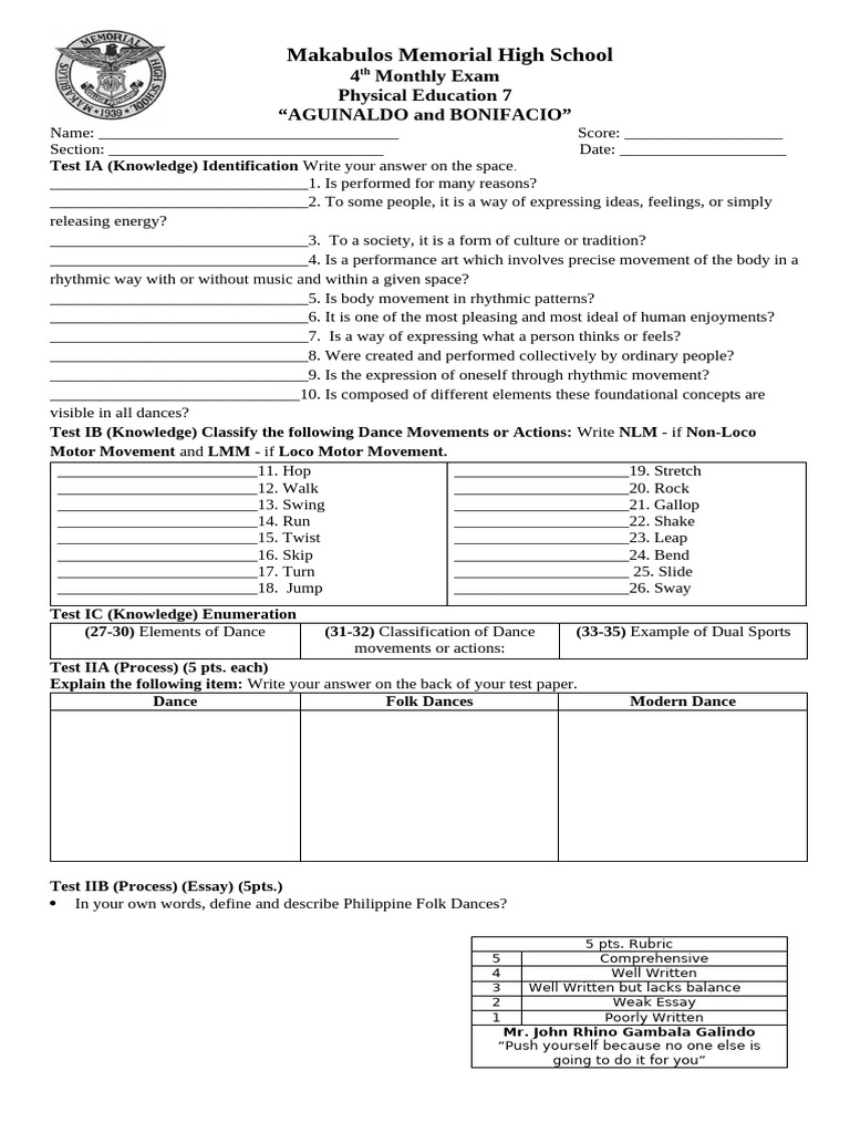 4thQHS 4th MT Exam PE 7 | PDF