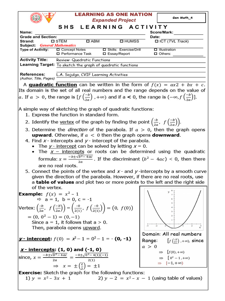 Gen Math LAS 4 Review Quadratic Functions | PDF