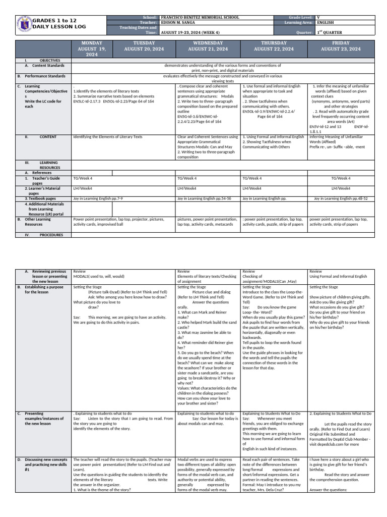 DLL - English 5 - Q1 - W4 | PDF