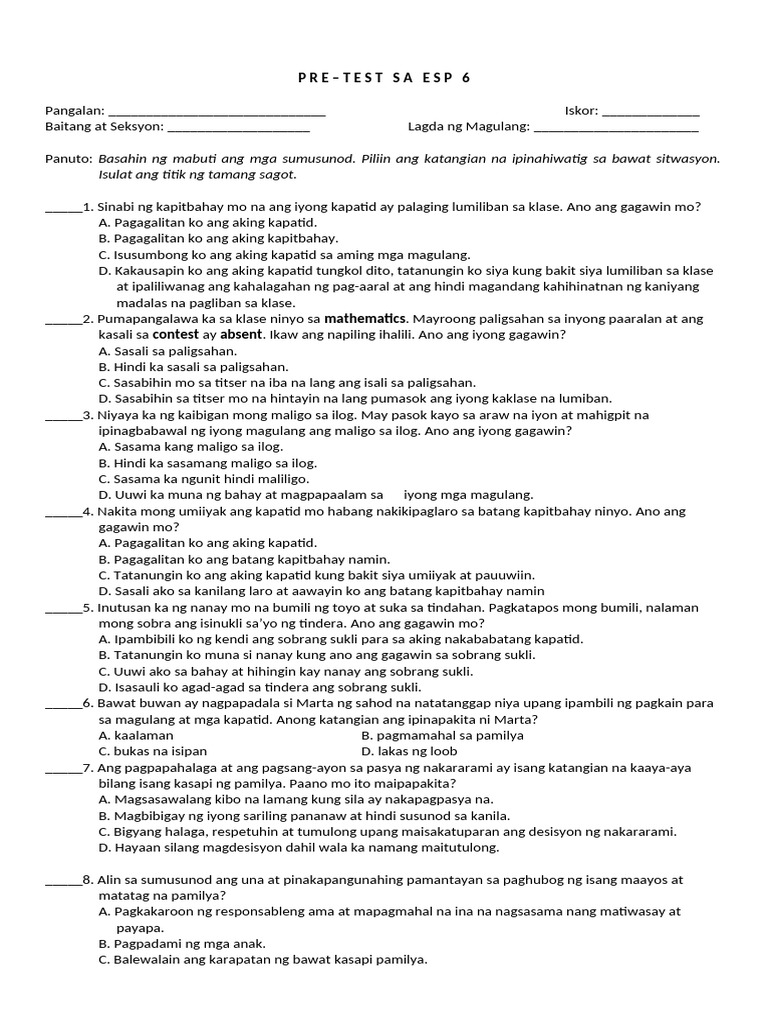 Pre Test in ESP and English 6 2023 | PDF