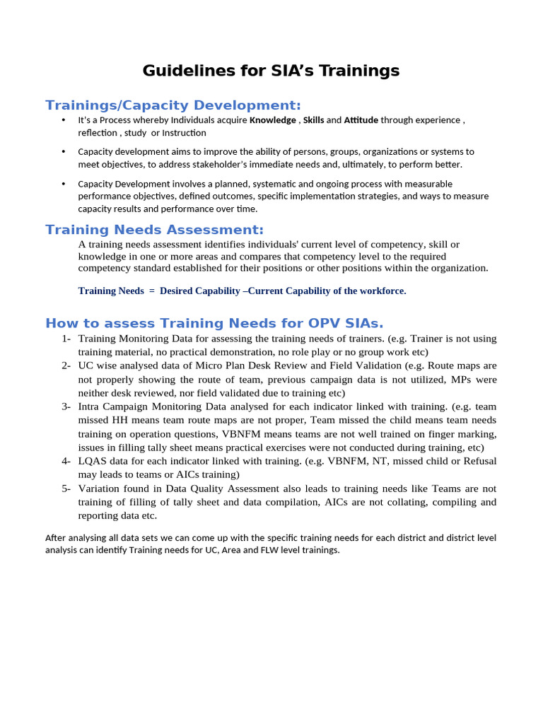Guidelines For SIAs Trainings With Agenda Need Updates | PDF